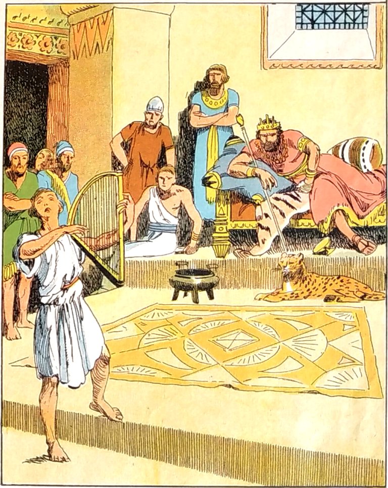 36. Saül sacré par Samuel – David joue de la harpe devant Saül | Et ...